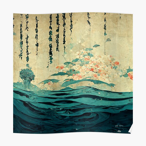 "Ukiyo-e old Japanese art style of sea flowers and Japanese font and ...