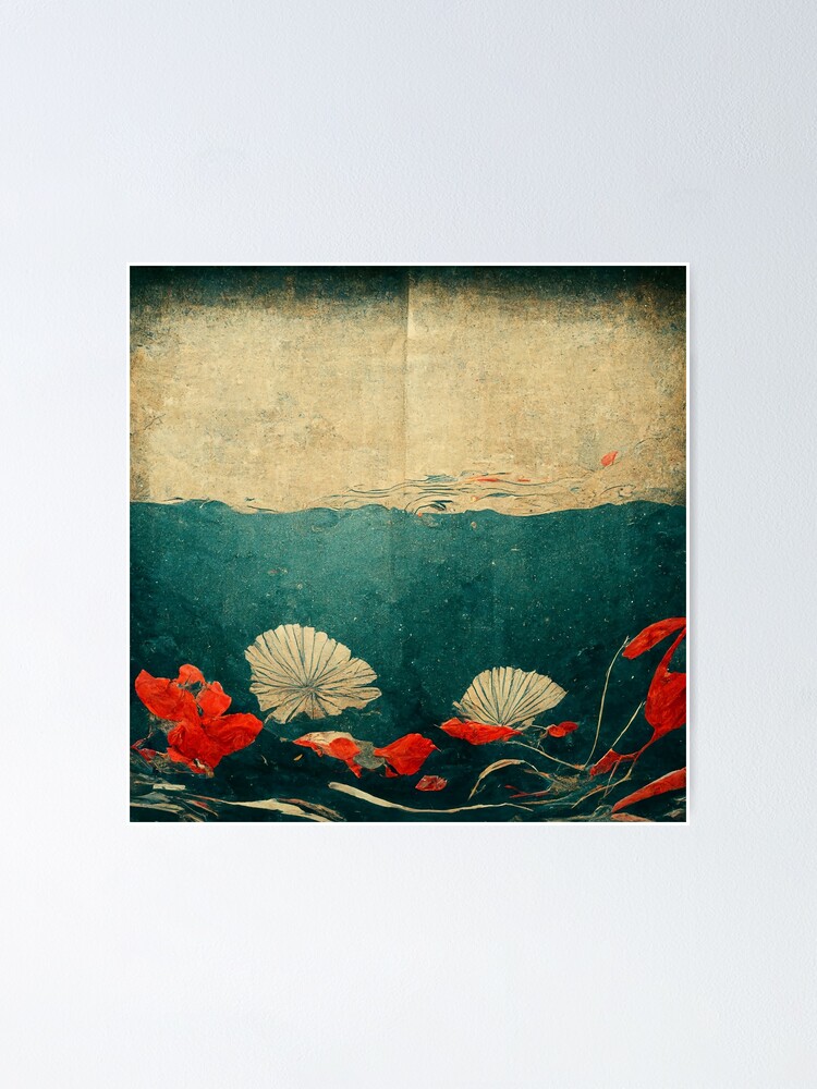 "Ukiyo-e old Japanese art style of sea flowers, fish, Japanese font and ...
