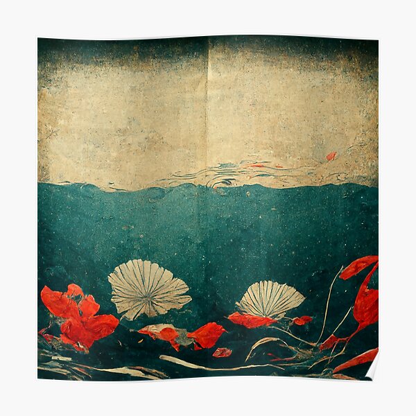 "Ukiyo-e old Japanese art style of sea flowers, fish, Japanese font and ...