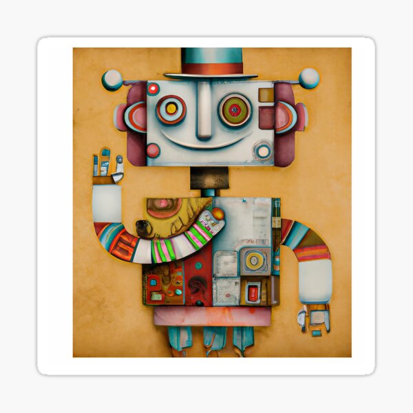 "AI-generated friendly steampunk collage robot waving hello" Sticker ...