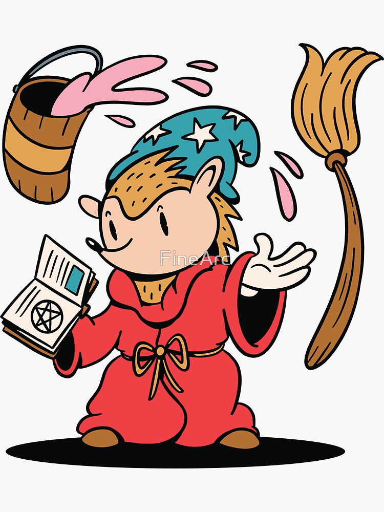 "Wizard hedgehog making a broom and a bucket fly" Sticker for Sale by ...