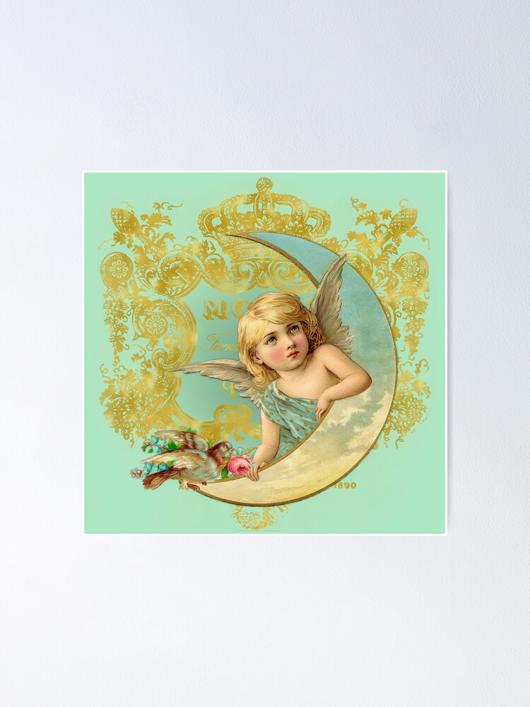 "Luna Angel, vintage moon, bird, angel in gold aqua and mint green ...