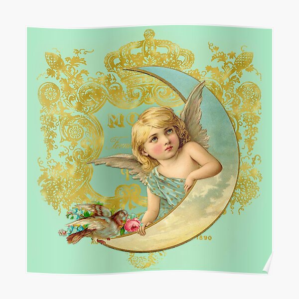 "Luna Angel, vintage moon, bird, angel in gold aqua and mint green ...