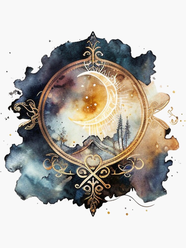 "Vintage Art Nouveau Watercolor Ink Sun and Moon Emblem Sticker ...