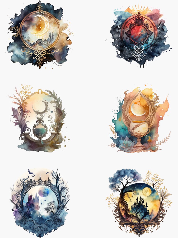 "Watercolor Ink Sun, Moon, and Compass Combo Sticker pack" Sticker for ...