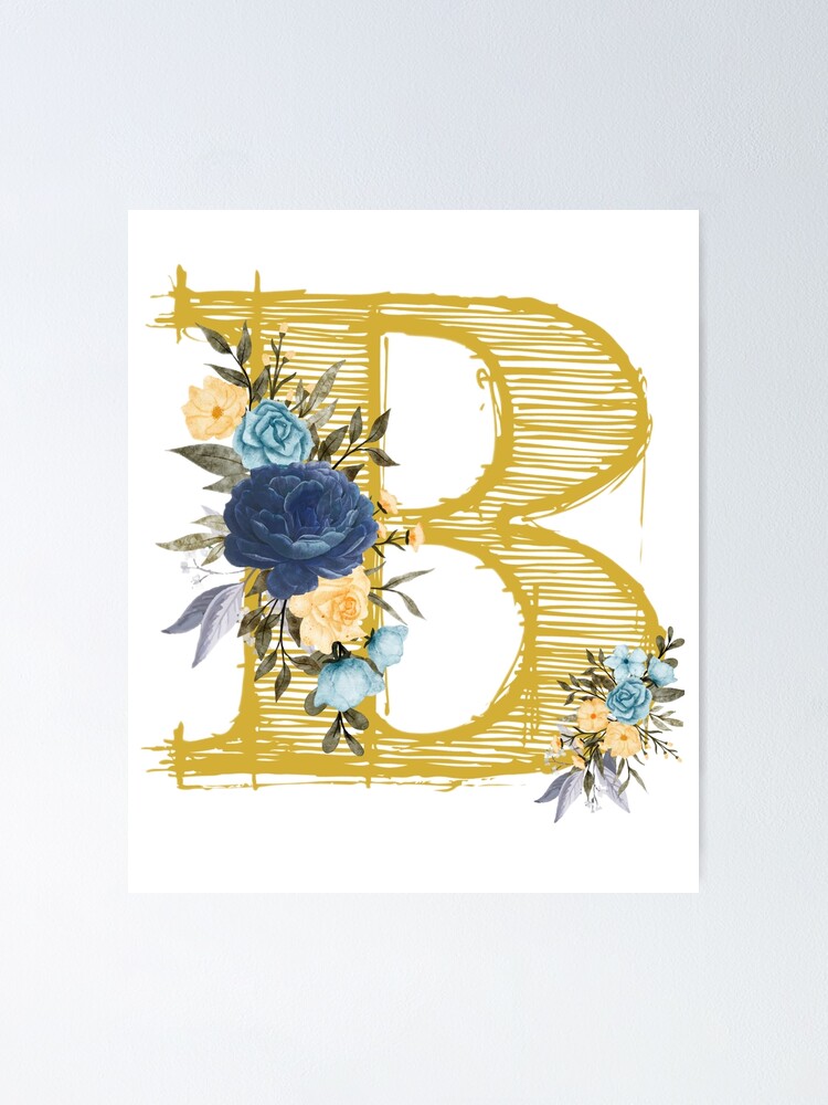 "Letter B In Metallic Gold Color With Aesthetic Blue Flowers Botany ...