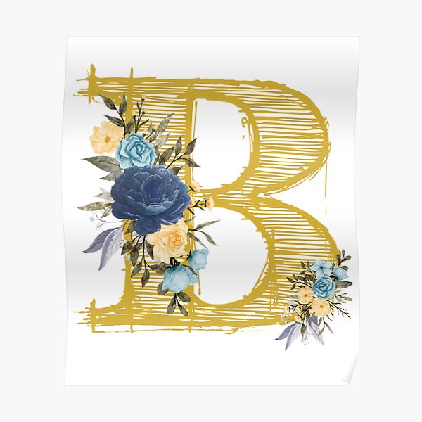"Letter B In Metallic Gold Color With Aesthetic Blue Flowers Botany ...