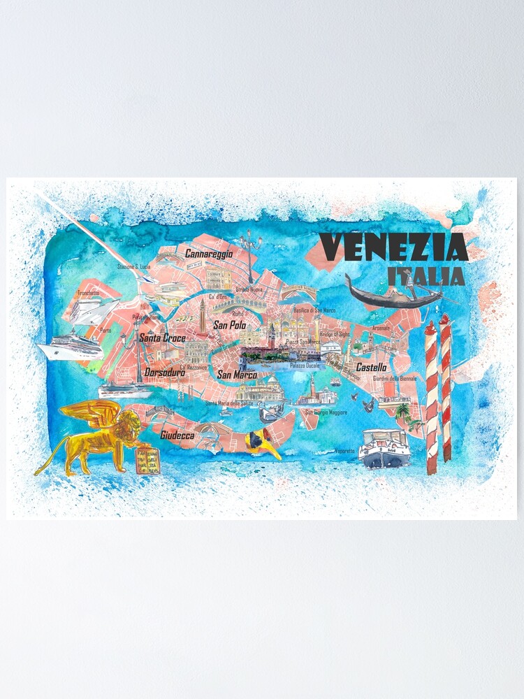 "Venice Italy Illustrated Map with Main Canals Landmarks and Highlights ...
