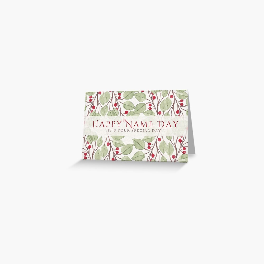 "Happy Name Day - Watercolour Leaves and Berries" Greeting Card for ...