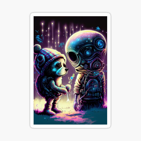 "Unlikely Friends - Puppy Dog and Cyborg Alien Creature" Sticker for ...