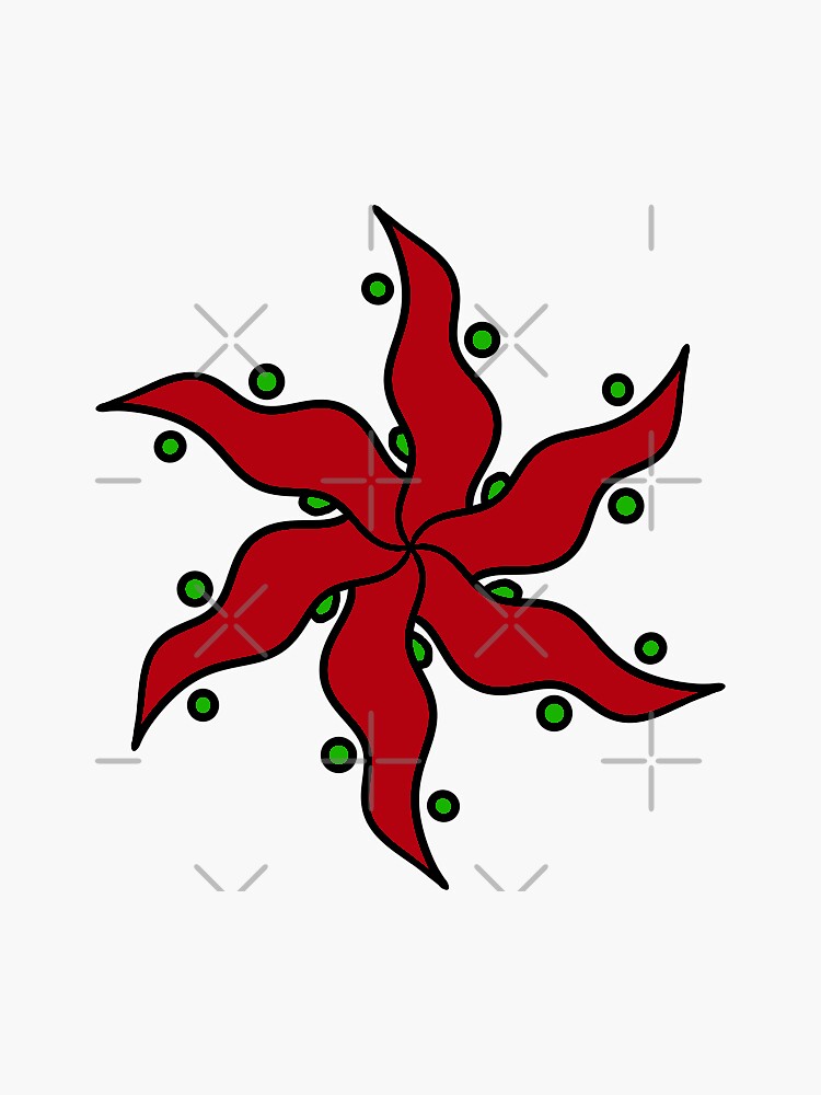 "symmetric throwing star snowflake design, red with green detail ...