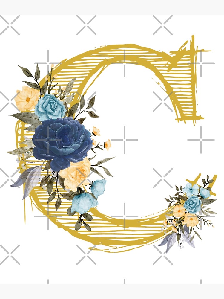 "Letter C In Metallic Gold Color With Aesthetic Blue Flowers Botany ...
