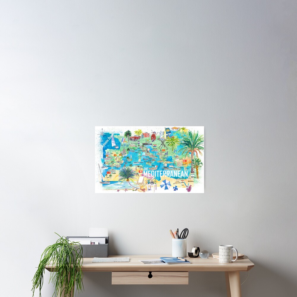 "Illustrated Mediterranean Sea Travel Poster Map with Spain Italy ...