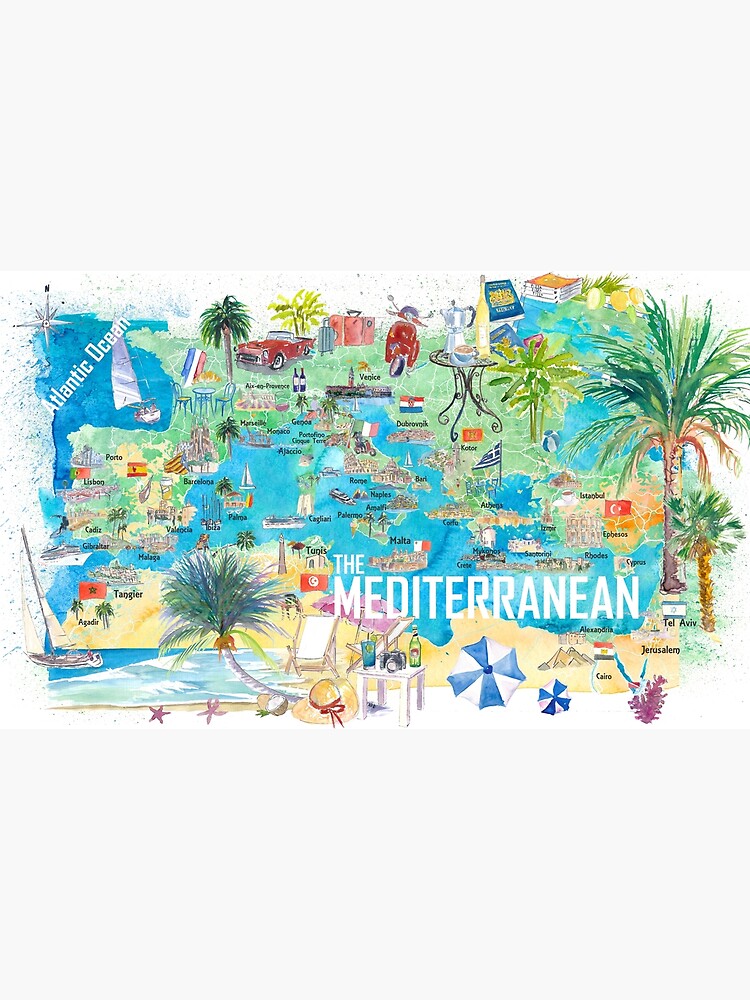 "Illustrated Mediterranean Sea Travel Poster Map with Spain Italy ...