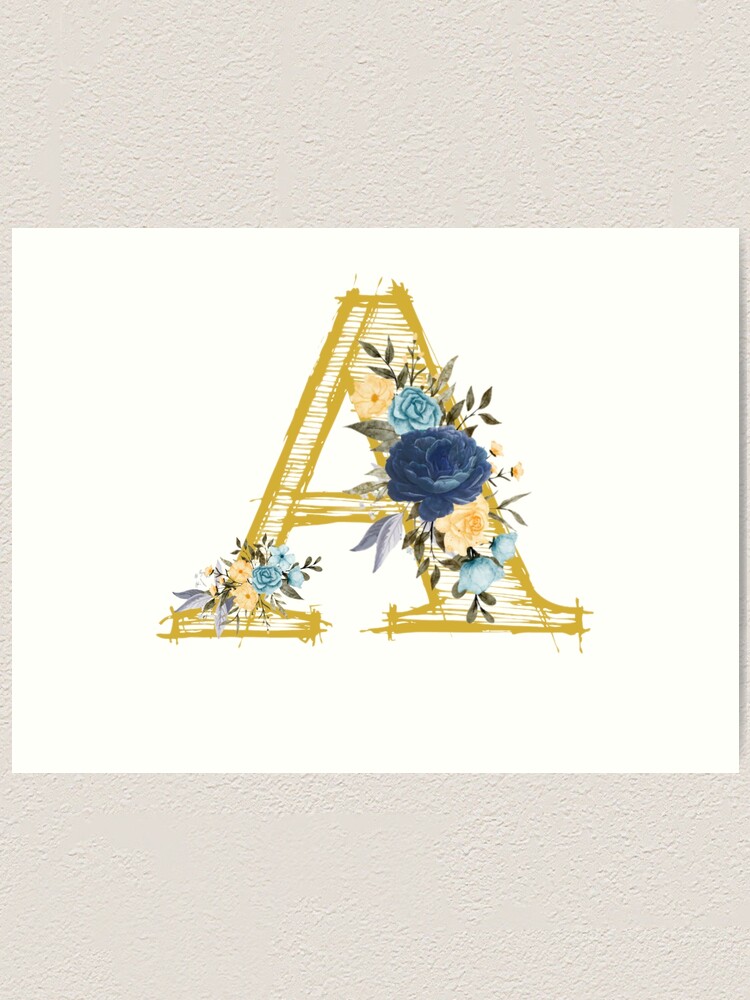 "Letter A In Metallic Gold Color And Aesthetic Blue Flowers Botany ...