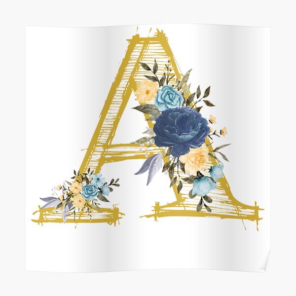 "Letter A In Metallic Gold Color And Aesthetic Blue Flowers Botany ...