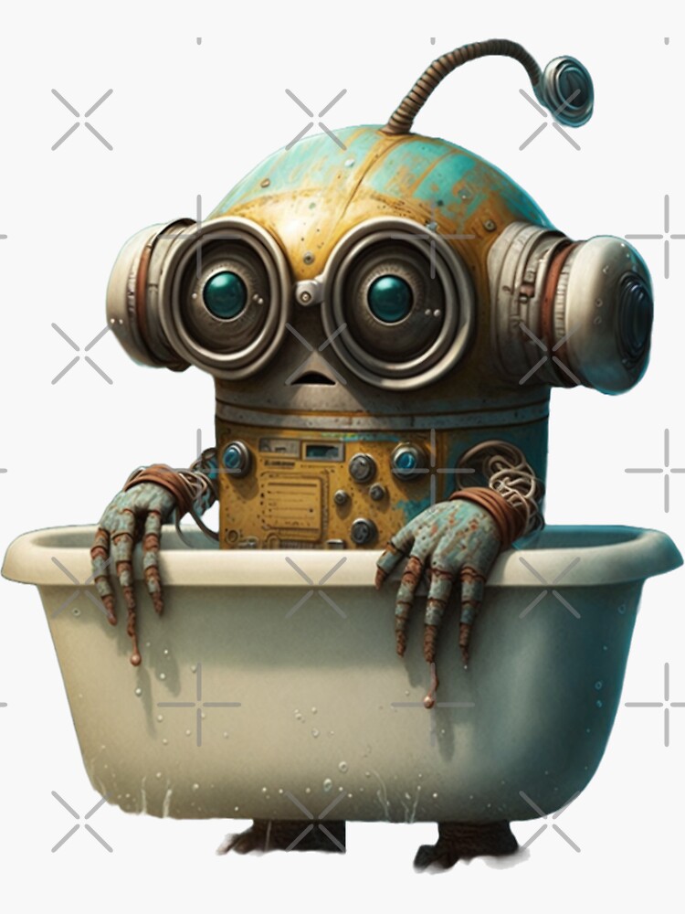 "Robot Art Rob Robot Taking a Bath With His Feet Sticking Out" Sticker ...