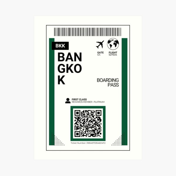 "BKK, Bangkok, Thailand - Flight Boarding Pass Travel Ticket" Art Print ...