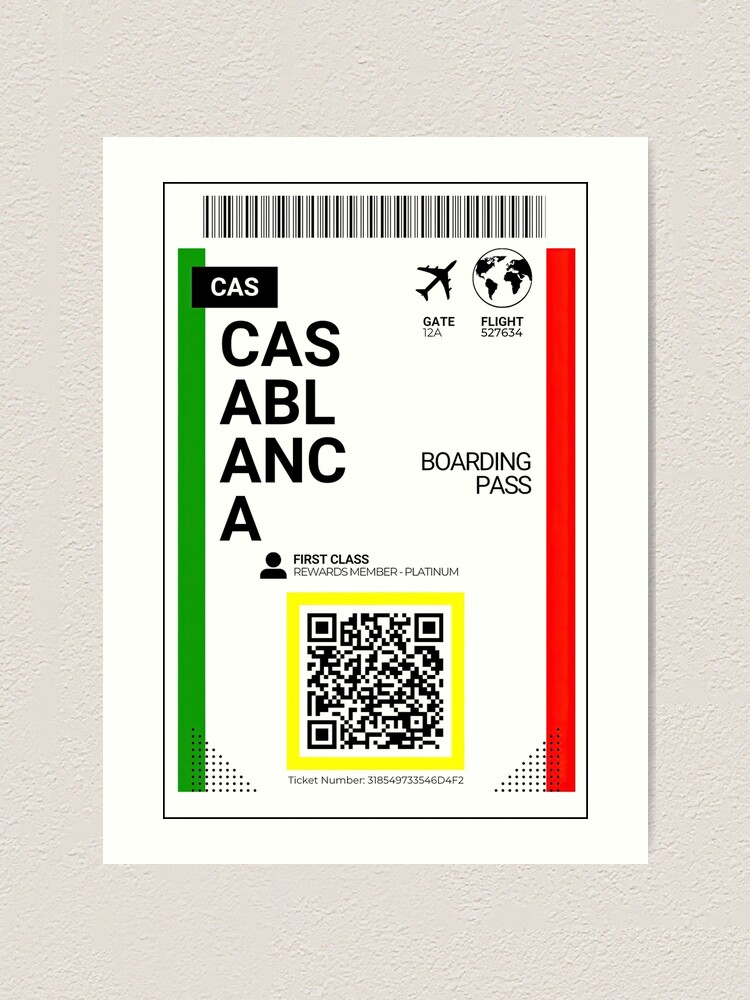 "CAS, Casablanca, Morocco - Flight Boarding Pass Travel Ticket" Art ...