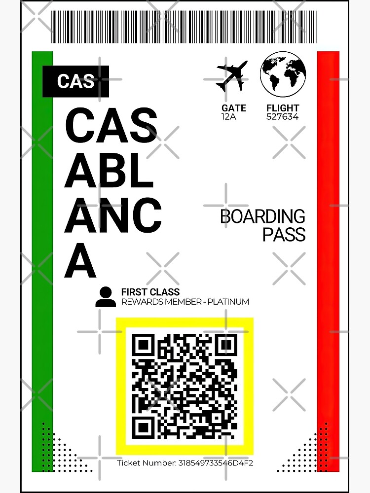 "CAS, Casablanca, Morocco - Flight Boarding Pass Travel Ticket" Art ...