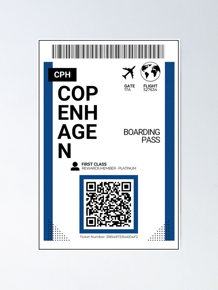 "CPH, Copenhagen, Denmark - Flight Boarding Pass Travel Ticket" Poster ...