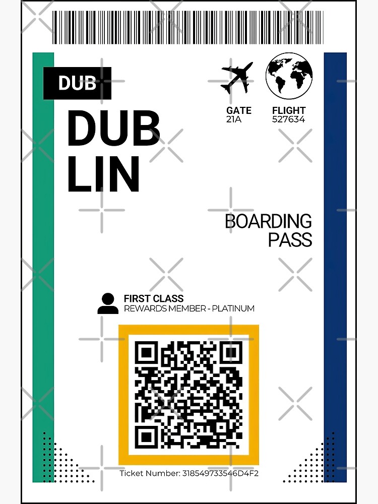 "DUB, Dublin, Ireland - Flight Boarding Pass Travel Ticket" Poster for ...