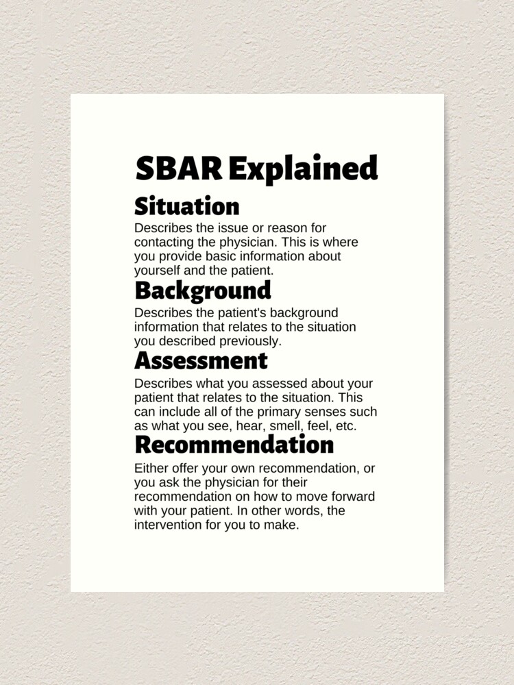 "Situation Background Assessment Recommendation SBAR Mnemonic" Art ...