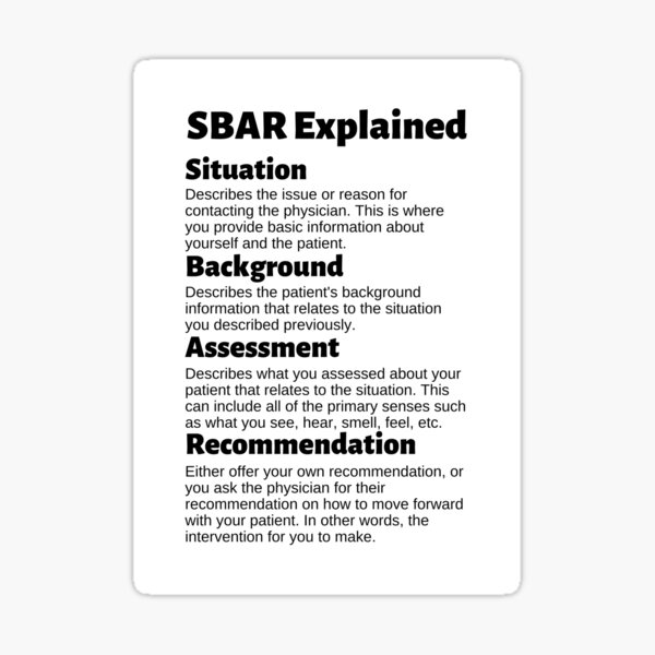 "Situation Background Assessment Recommendation SBAR Mnemonic" Sticker ...