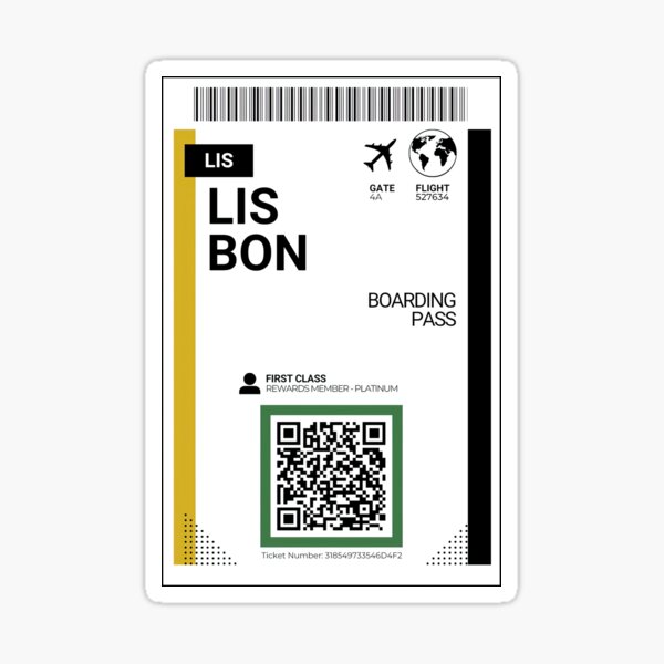 "LIS, Lisbon, Portugal - Flight Boarding Pass Travel Ticket" Sticker ...