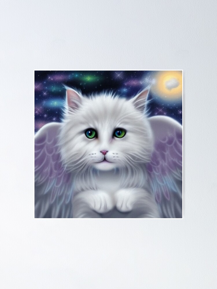 "Adorable cute white angel kitten with wings in the clouds" Poster for ...