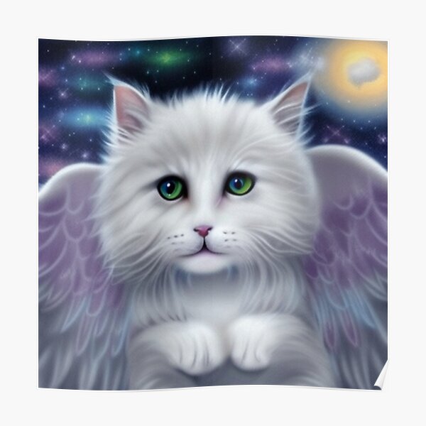 "Adorable cute white angel kitten with wings in the clouds" Poster for ...