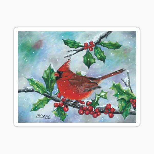 "Cardinal in the holly" Sticker for Sale by LindaSayeghArt | Redbubble