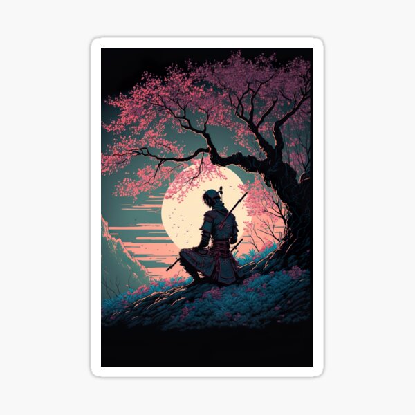 "Samurai with sakura tree" Sticker for Sale by aiimagined | Redbubble