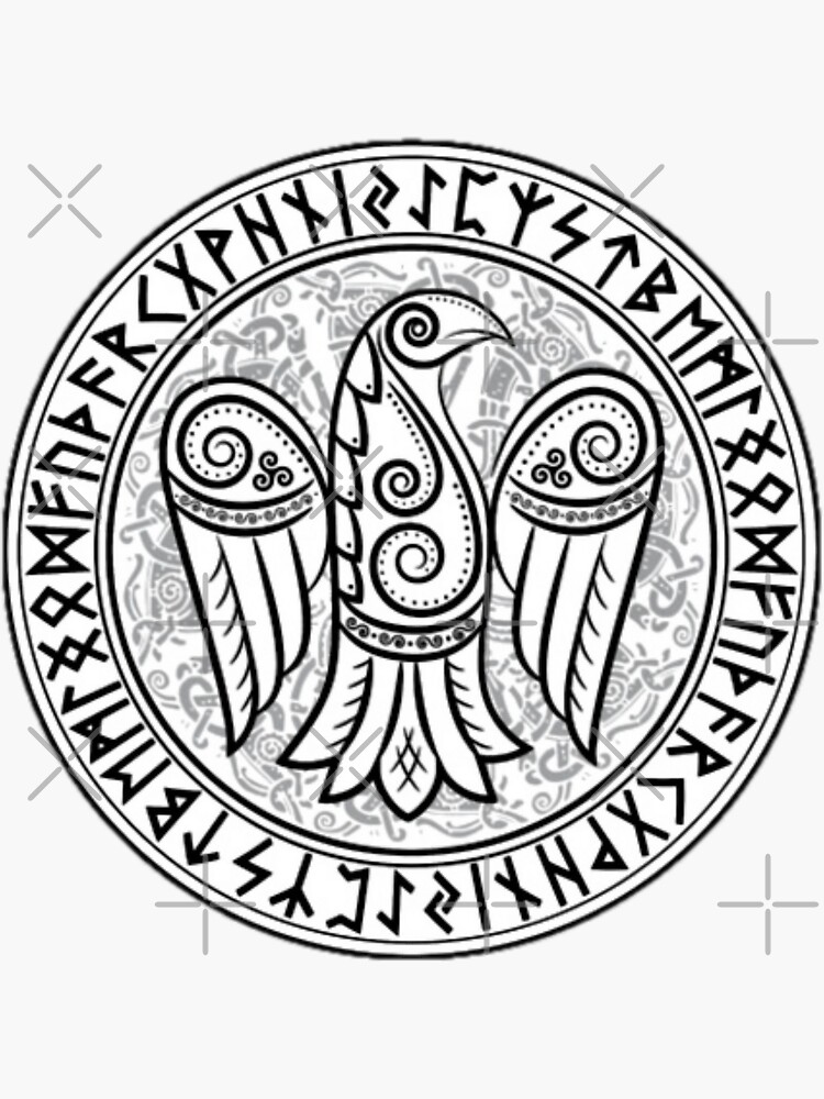 "Odin's raven black and white round design with runic alphabet" Sticker ...