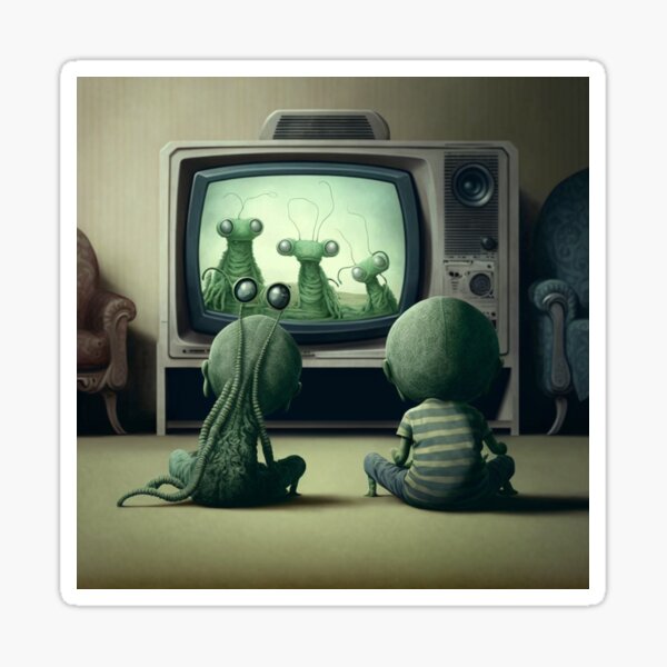 "Aliens Watching TV!" Sticker for Sale by Bleknervin | Redbubble