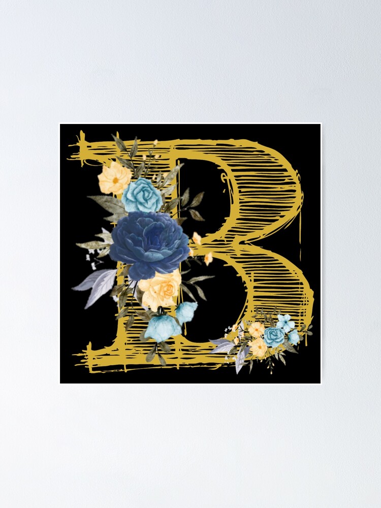 "Letter B In Metallic Gold Color With Aesthetic Blue Flowers Botany ...
