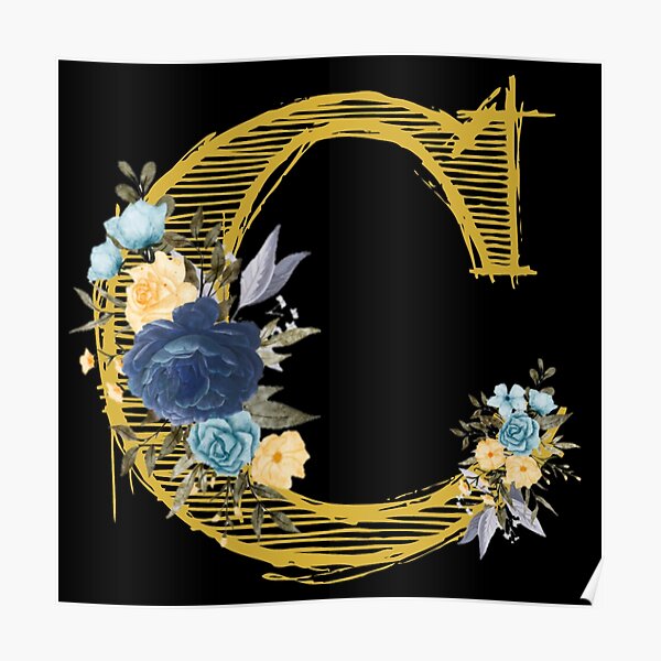 "Letter C In Metallic Gold Color With Aesthetic Blue Flowers Botany and ...