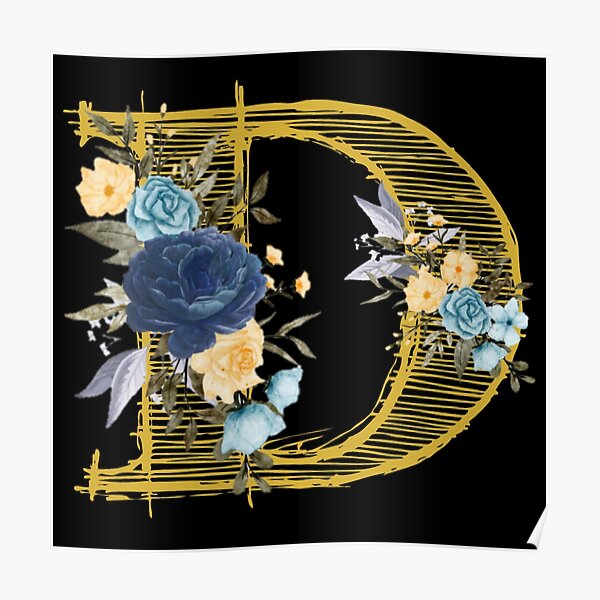 "Letter D In Metallic Gold Color With Aesthetic Blue Flowers Botany And ...