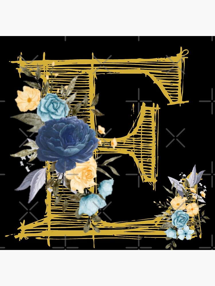 "Letter E In Metallic Gold Color With Aesthetic Blue Flowers Botany And ...