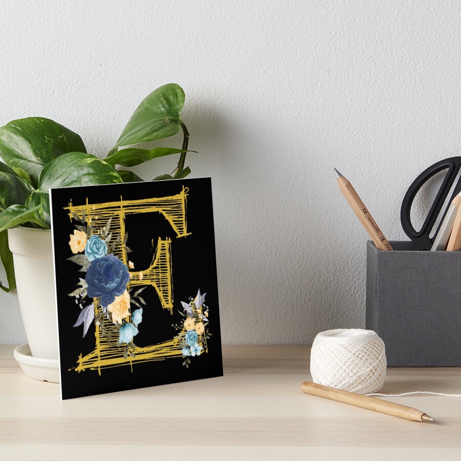 "Letter E In Metallic Gold Color With Aesthetic Blue Flowers Botany And ...