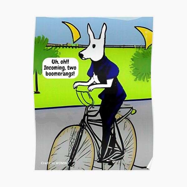 "Funny kangaroo on bicycle wall art cartoon, "incoming boomerangs ...