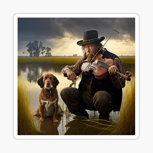 "Cajun Fiddle Player with Dog in Swamps" Sticker for Sale by Bleknervin ...
