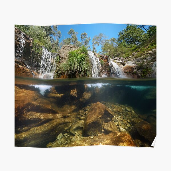 "River waterfall over and under water surface" Poster for Sale by ...