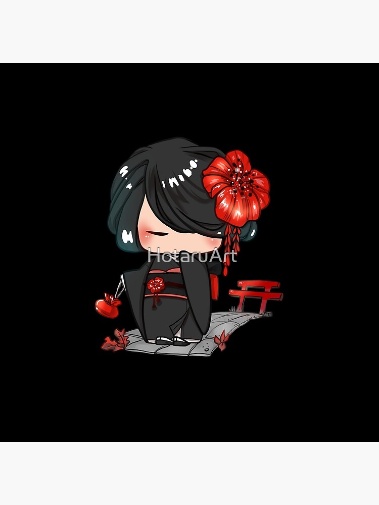 "Japanese Chibi Art - Girl with Red Camellia and Black Furisode Kimono ...