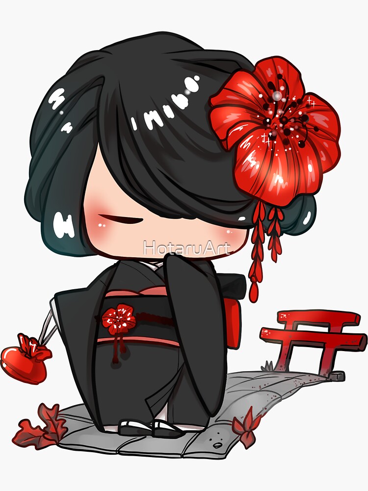 "Japanese Chibi Art - Girl with Red Camellia and Black Furisode Kimono ...