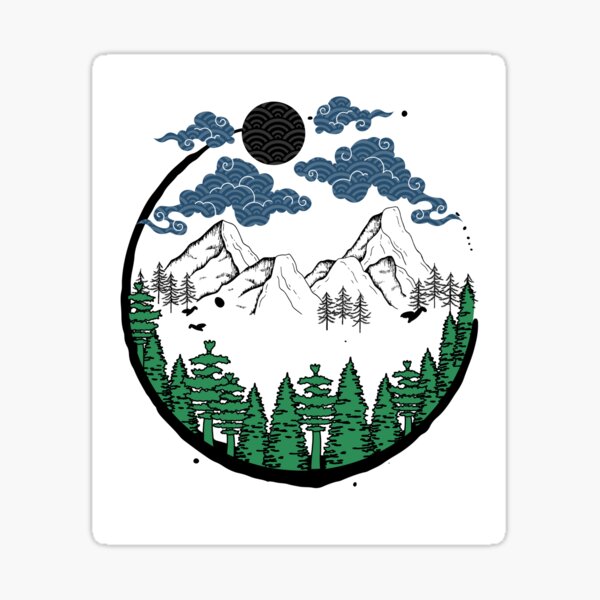 "Nature Scenery with clouds, mountains, moon, forest" Sticker for Sale ...
