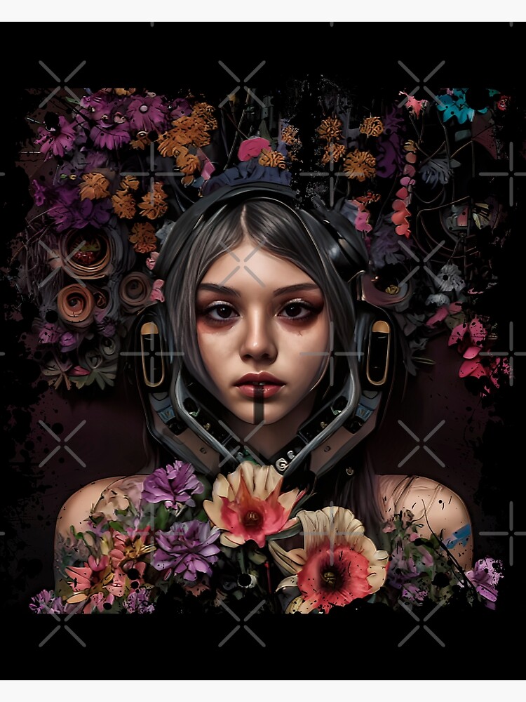 "very beautiful flower girl with flowers in the head , modern mechanic ...