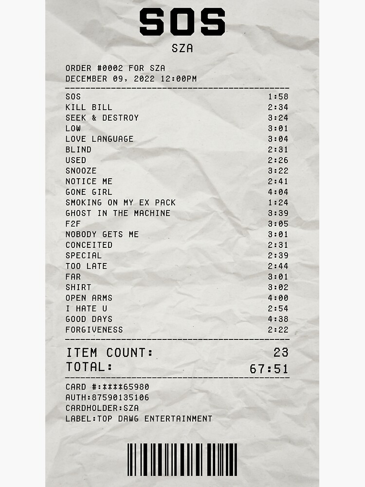 "SOS receipt- sza album " Sticker for Sale by LDR4life | Redbubble
