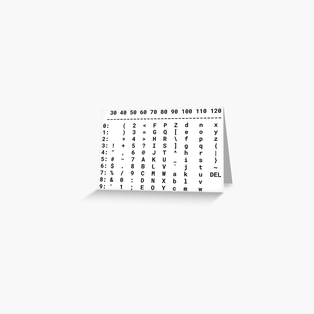 "ASCII Table Reference Chart Encoded in Decimal" Greeting Card for Sale ...