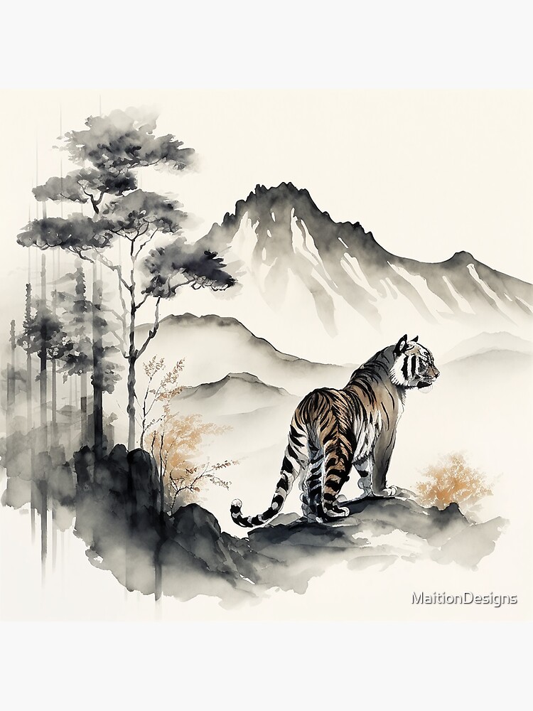 "Tiger is walking in beautiful Japanese landscape - sumie painting ...